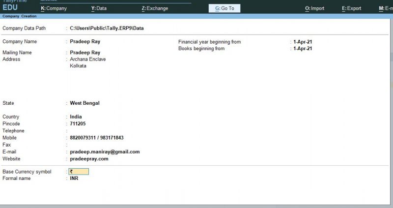 Create Company in Tally Prime: – – Tally Customizations